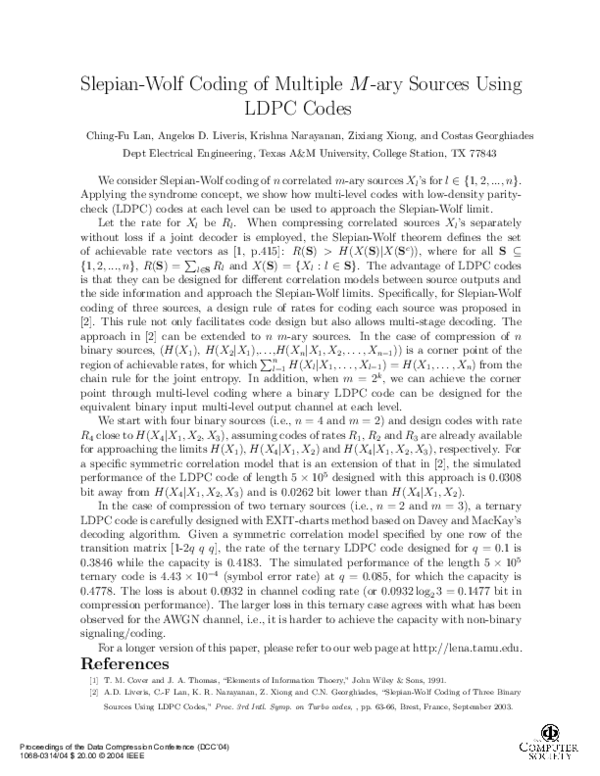 (PDF) Slepian-Wolf coded nested quantization (SWC-NQ) for Wyner-Ziv coding: performance analysis ...