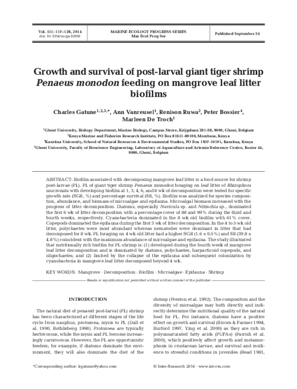 (PDF) Growth and survival of post-larval giant tiger shrimp Penaeus ...