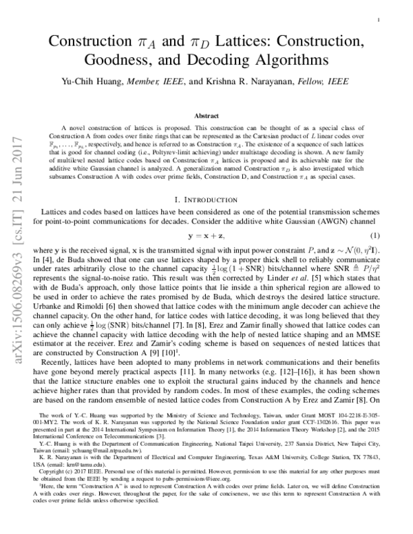 (PDF) Construction πA and πD Lattices: Construction, Goodness, and ...