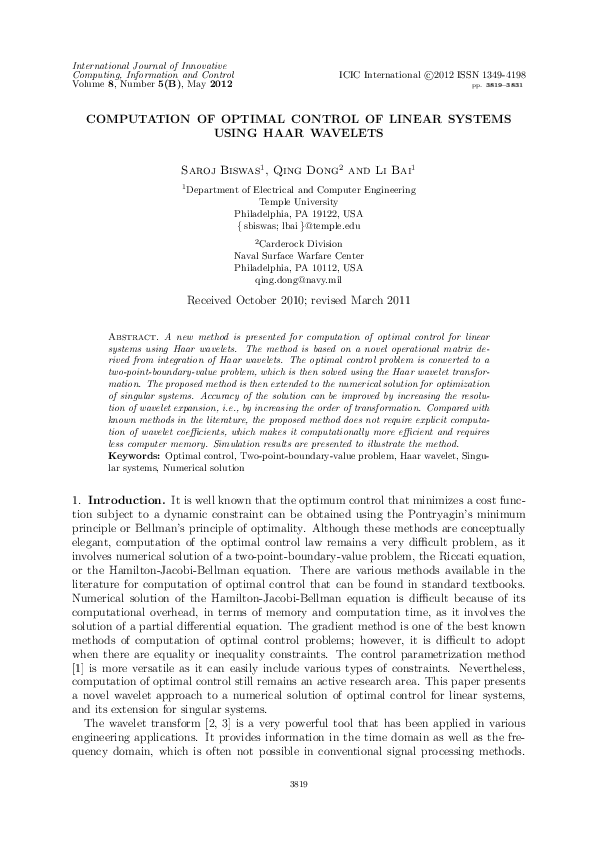 Pdf Computation Of Optimal Control Of Linear Systems Using Haar Wavelets