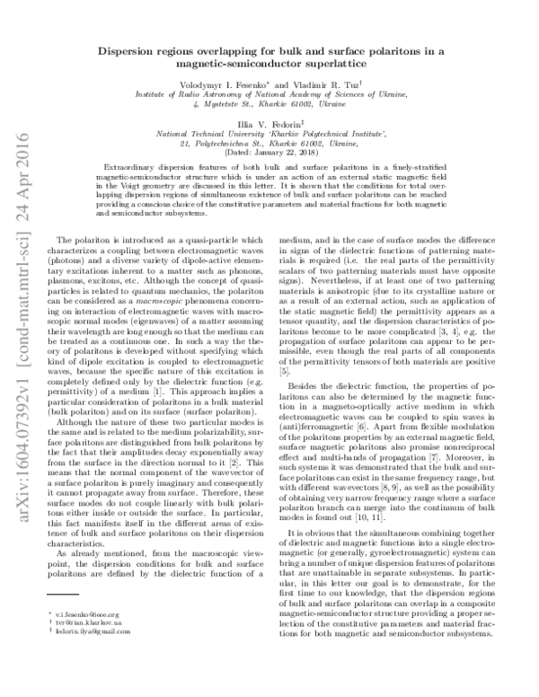 (PDF) Dispersion regions overlapping for bulk and surface polaritons in ...