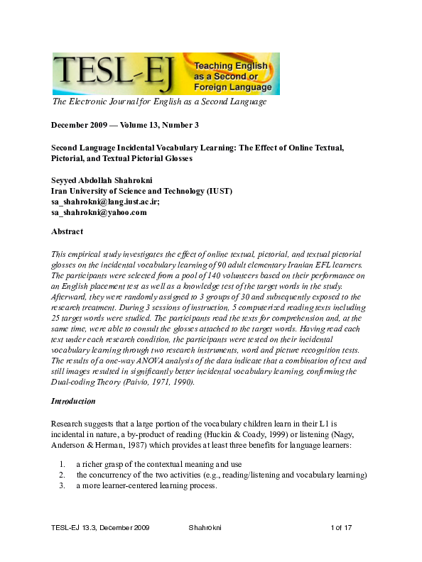 (PDF) Second Language Incidental Vocabulary Learning: The Effect of Online Textual, Pictorial ...