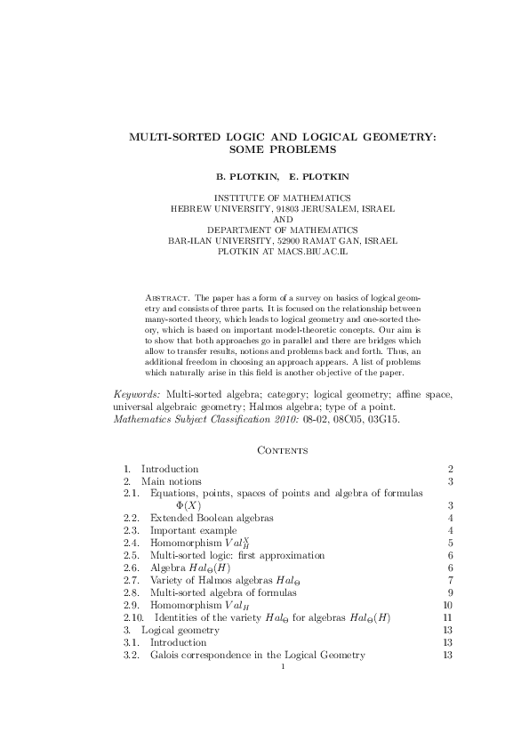 (PDF) Multi-Sorted Logic and Logical Geometry: Some Problems