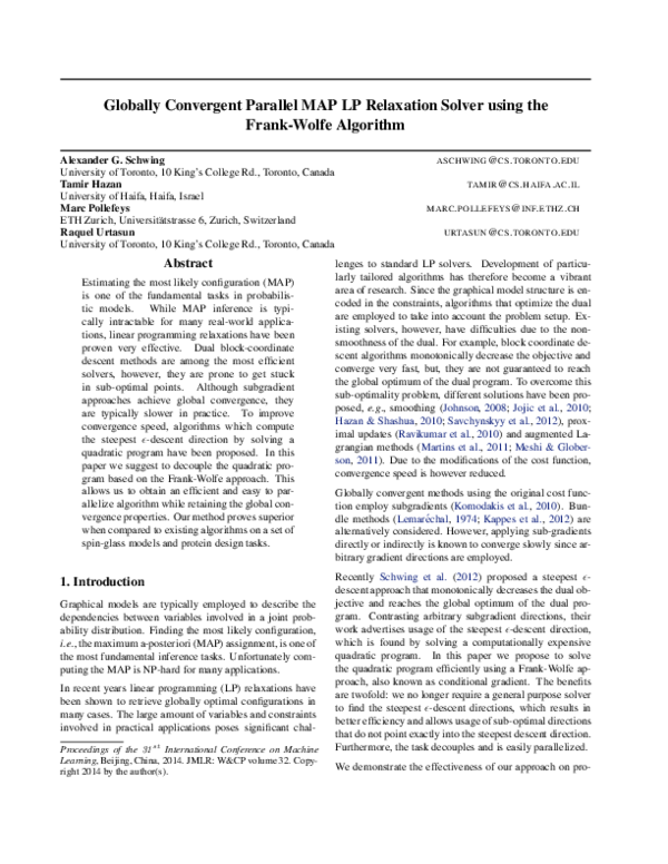 (PDF) Globally Convergent Parallel MAP LP Relaxation Solver using the Frank-Wolfe Algorithm