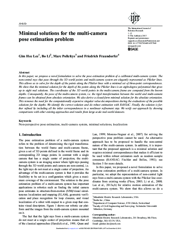 (PDF) Minimal solutions for the multi-camera pose estimation problem