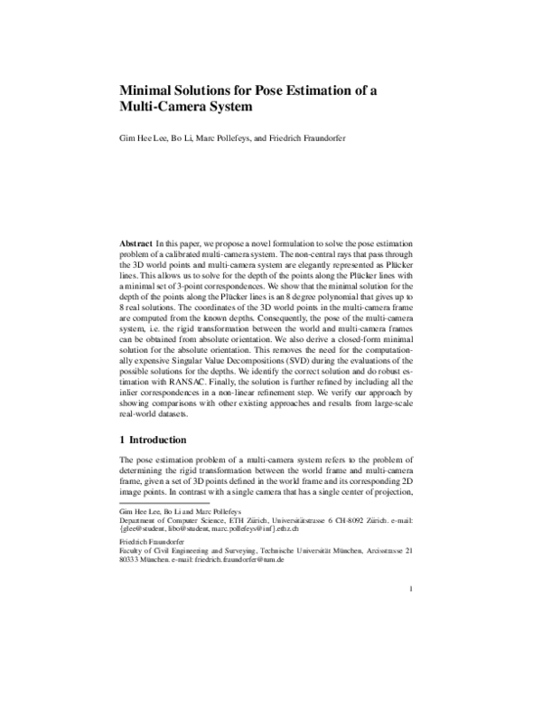 (PDF) Minimal Solutions for Pose Estimation of a Multi-Camera System