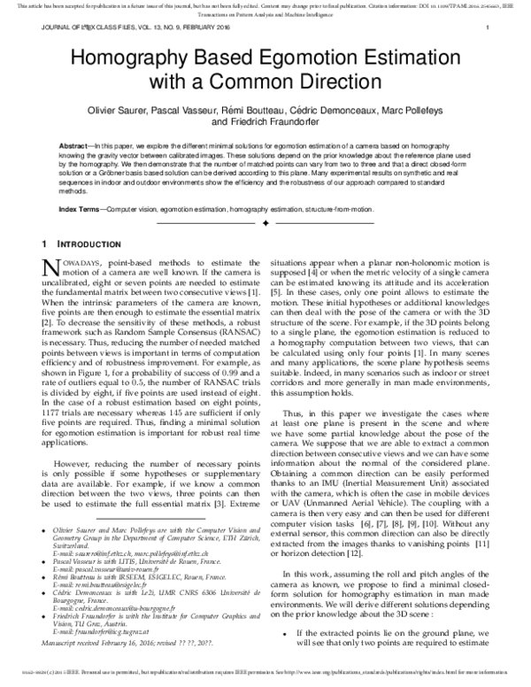 (PDF) Homography Based Egomotion Estimation with a Common Direction
