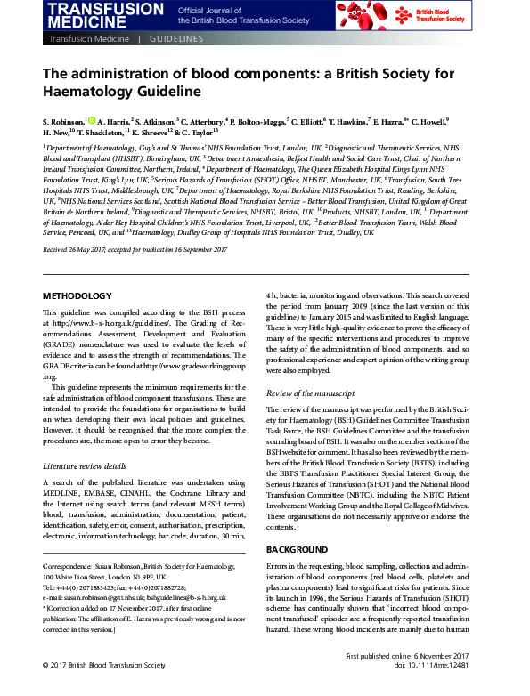(PDF) The administration of blood components: a British Society for ...