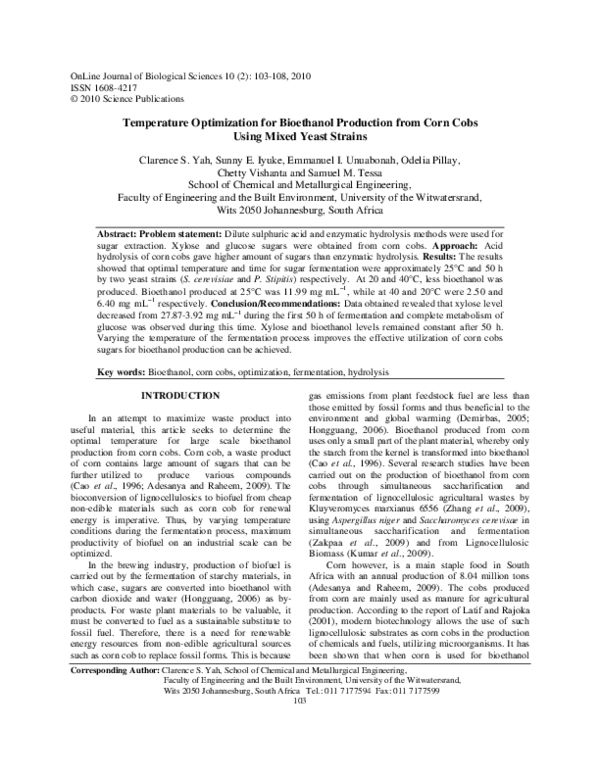 (PDF) Temperature Optimization for Bioethanol Production from Corn Cobs | Sunny Iyuke - Academia.edu