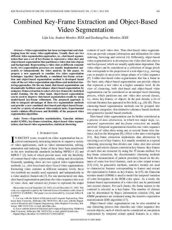 Pdf Combined Key Frame Extraction And Object Based Video Segmentation