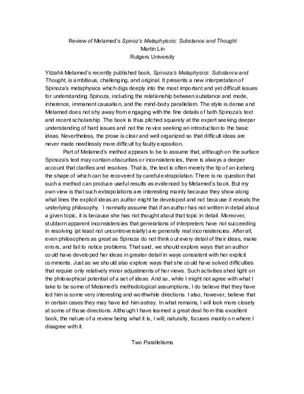 (PDF) Spinoza’s Metaphysics: Substance and Thought by Yitzhak Y. Melamed