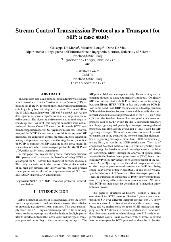 (PDF) Stream Control Transmission Protocol as a Transport for SIP: a case study
