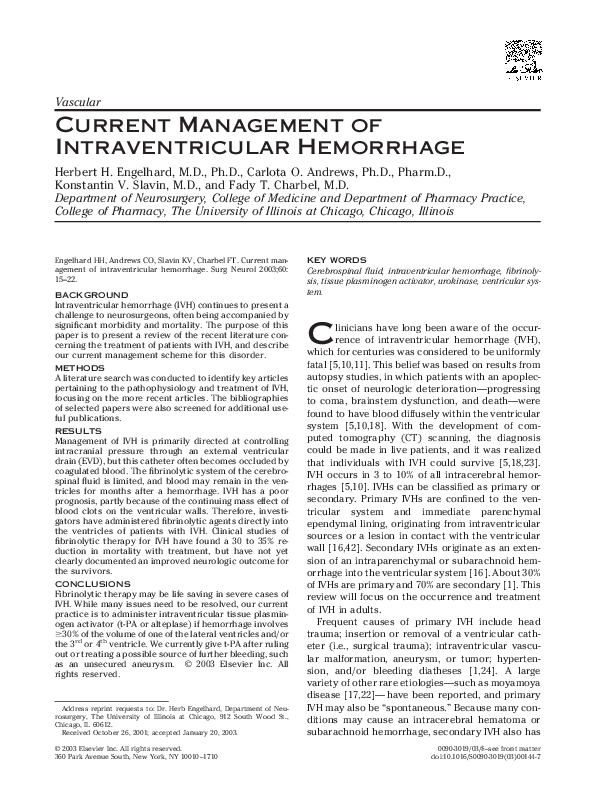 (PDF) Current management of intraventricular hemorrhage