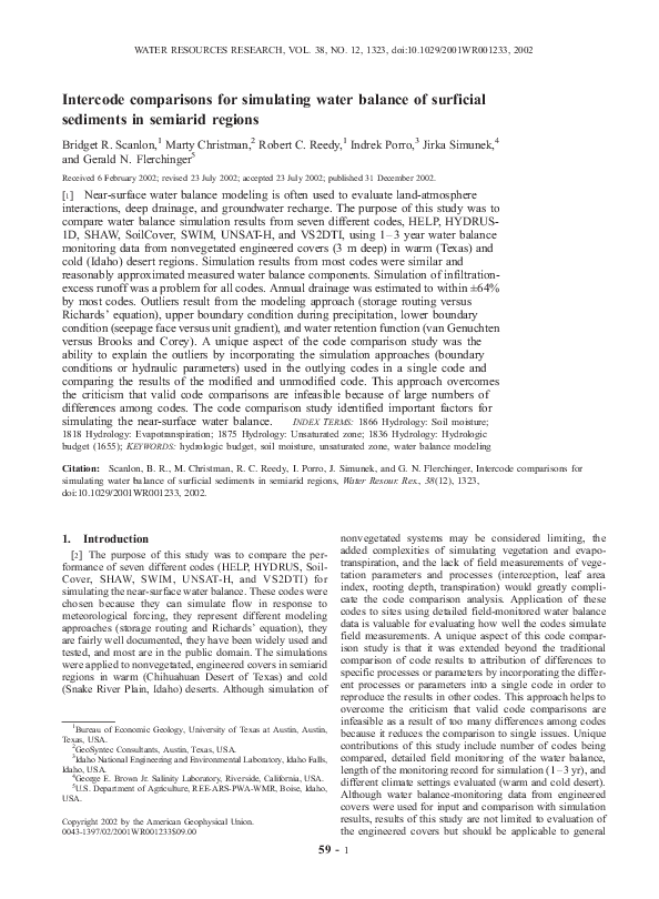 (PDF) Intercode comparisons for simulating water balance of surficial sediments in semiarid regions