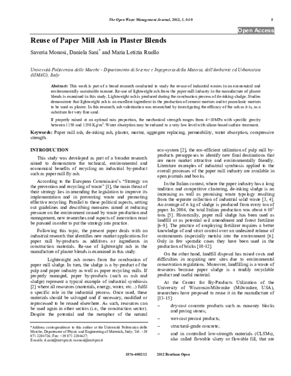 (PDF) Reuse of Paper Mill Ash in Plaster Blends