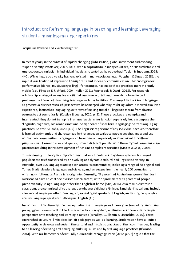 (PDF) Introduction: Reframing language in teaching and learning ...