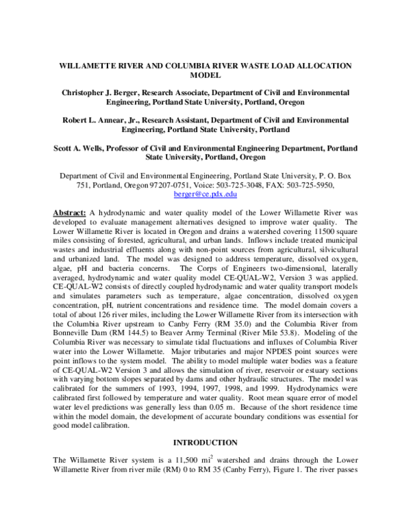 (PDF) Willamette River and Columbia River Waste Load Allocation Model