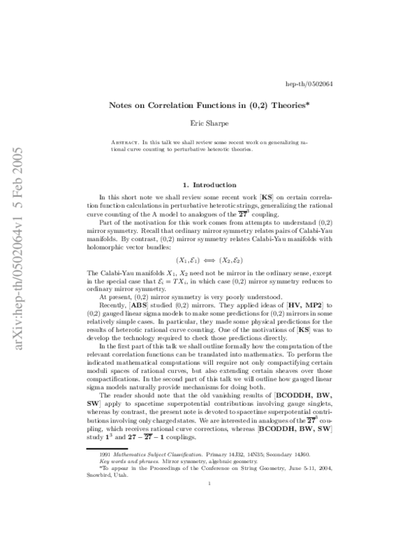 (PDF) Notes on correlation functions in (0,2) theories