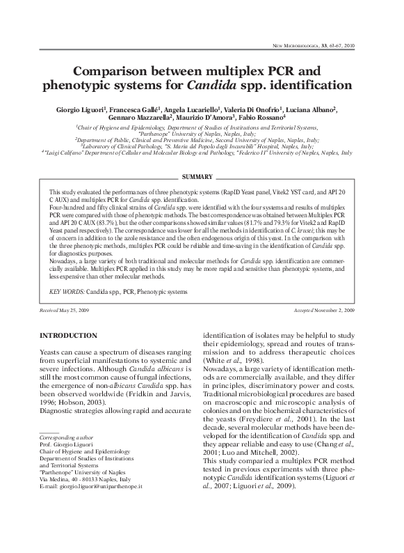 (PDF) Comparison between multiplex PCR and phenotypic systems for Candida spp. identification
