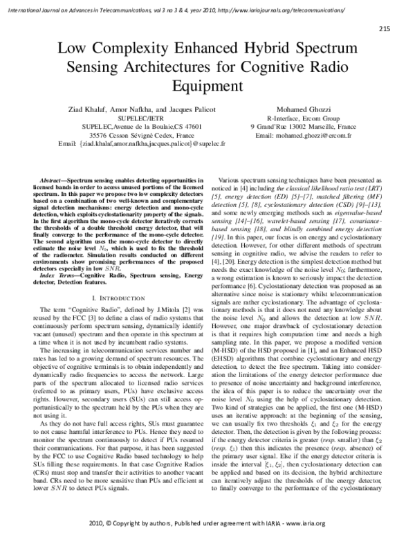 (PDF) Low Complexity Enhanced Hybrid Spectrum Sensing Architectures for Cognitive Radio Equipment