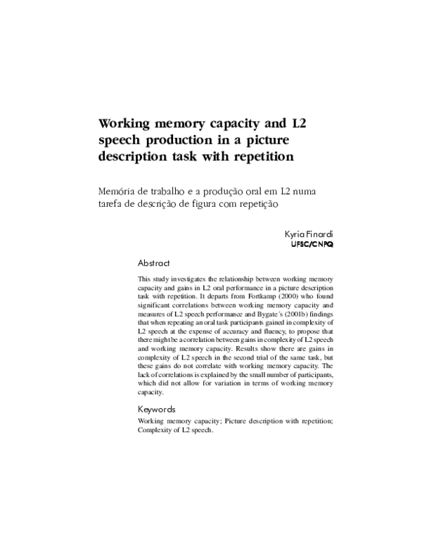 (PDF) Working memory capacity in the production and acquisition of a syntactic rule in L2 speech