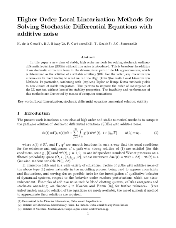Pdf Higher Order Local Linearization Methods For Solving Stochastic