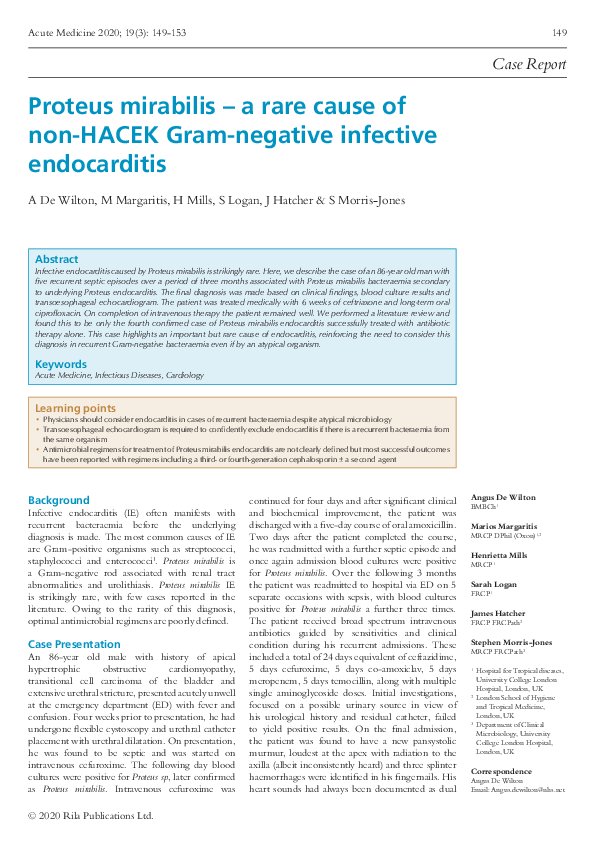 (PDF) Proteus mirabilis – a rare cause of non-HACEK Gram-negative ...