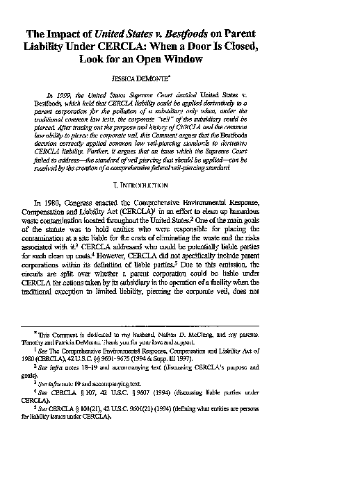 (PDF) Impact of United States v. Bestfoods on Parent Liability under ...