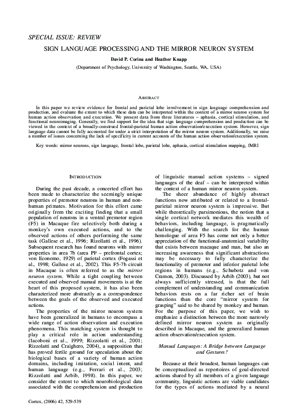 (PDF) Sign Language Processing and the Mirror Neuron System