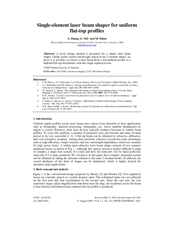 (PDF) Single-element laser beam shaper for uniform flat-top profiles
