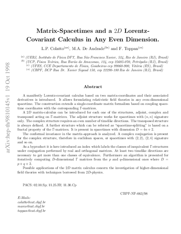(PDF) Matrix-Spacetimes and a 2D Lorentz-Covariant Calculus in Any Even ...