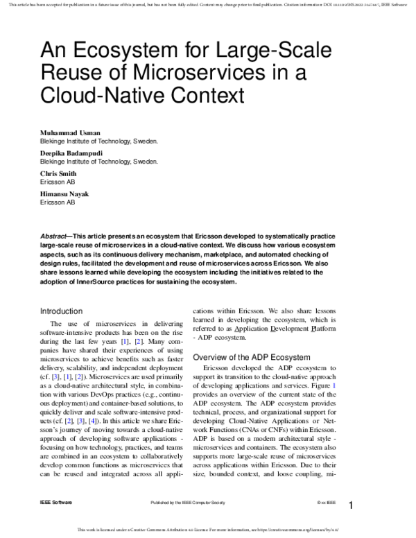 (PDF) An Ecosystem for Large-Scale Reuse of Microservices in a Cloud-Native Context | Himansu ...