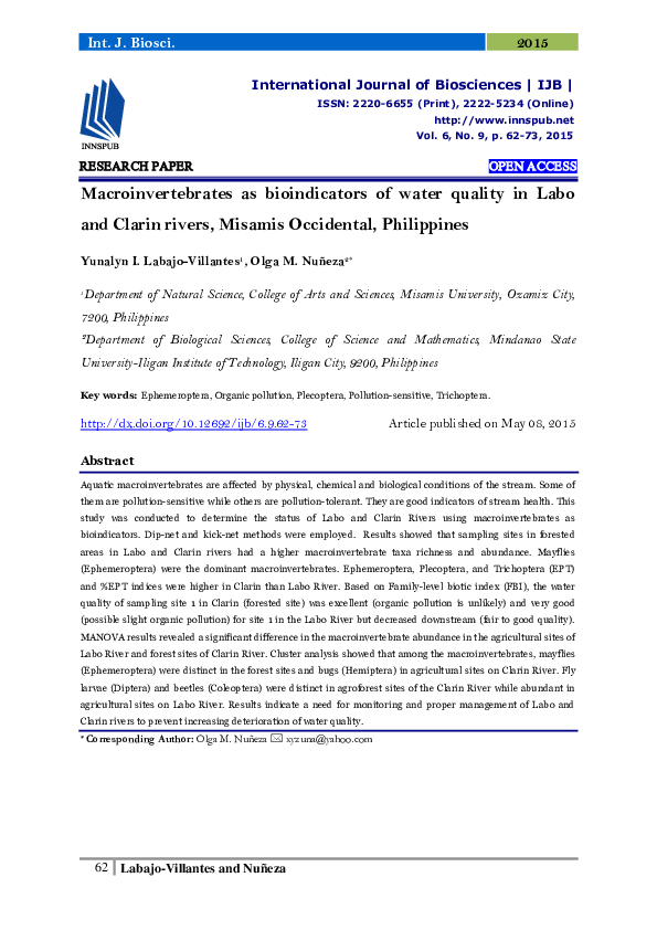 (PDF) Macroinvertebrates as bioindicators of water quality in Labo