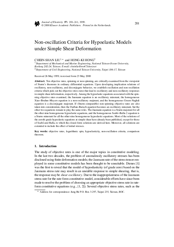 (PDF) Non-oscillation criteria for hypoelastic models under simple shear deformation