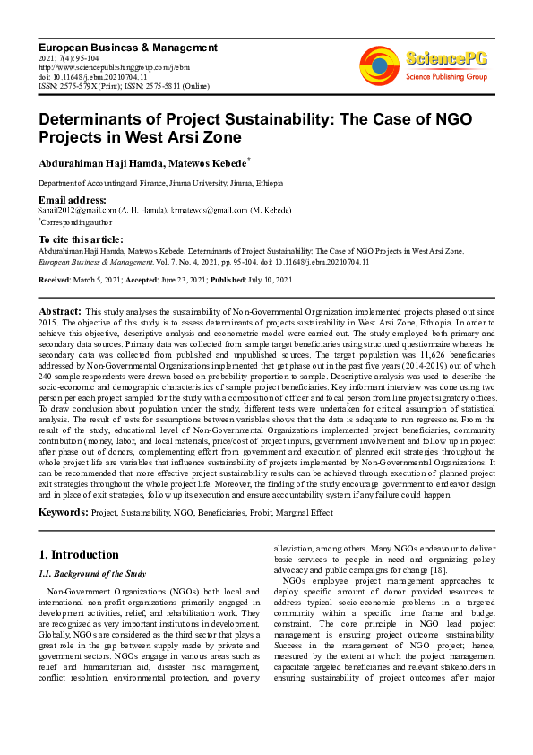 (PDF) Determinants of Project Sustainability: The Case of NGO Projects ...