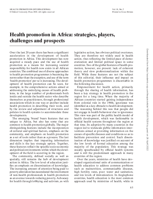 (PDF) Health promotion in Africa: strategies, players, challenges and ...