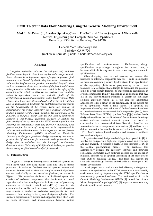 (PDF) Fault Tolerant Data Flow Modeling Using the Generic Modeling Environment