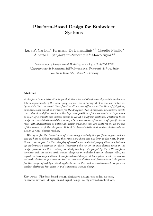 (PDF) Platform-Based Design for Embedded Systems