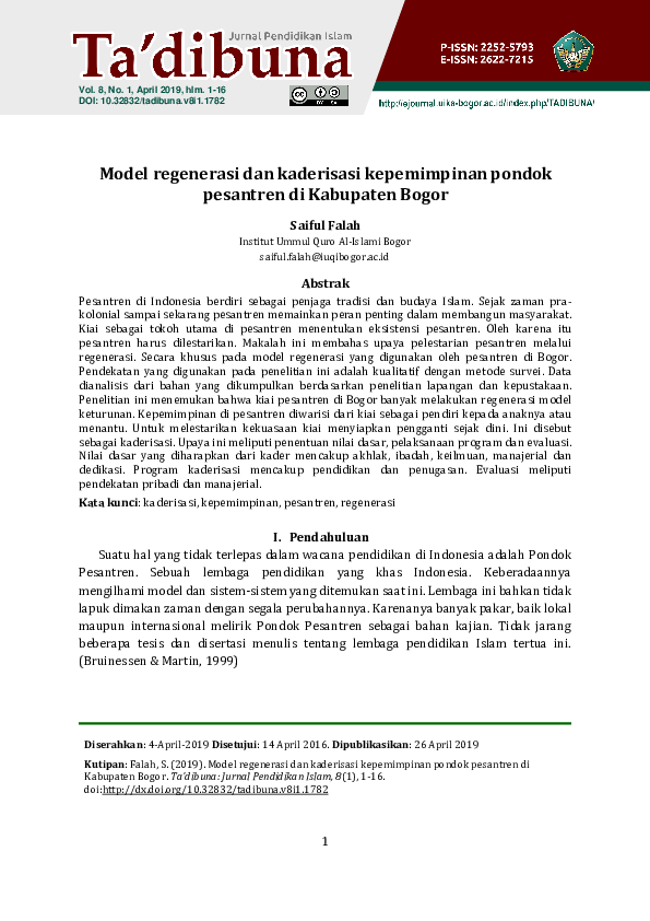 (PDF) Model regenerasi dan kaderisasi kepemimpinan pondok pesantren di ...