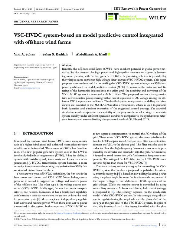 (PDF) VSC‐HVDC system‐based on model predictive control integrated with offshore wind farms