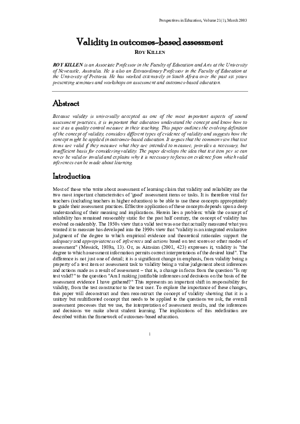 (PDF) Validity in outcomes-based assessment