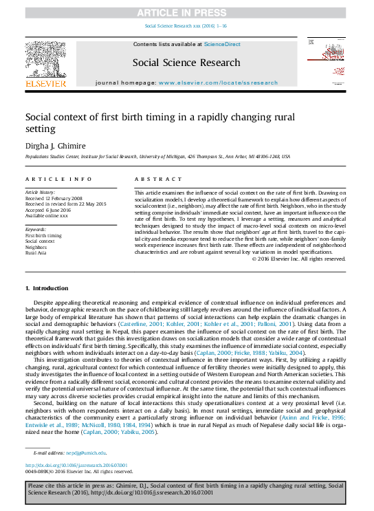 (PDF) Social context of first birth timing in a rapidly changing rural ...