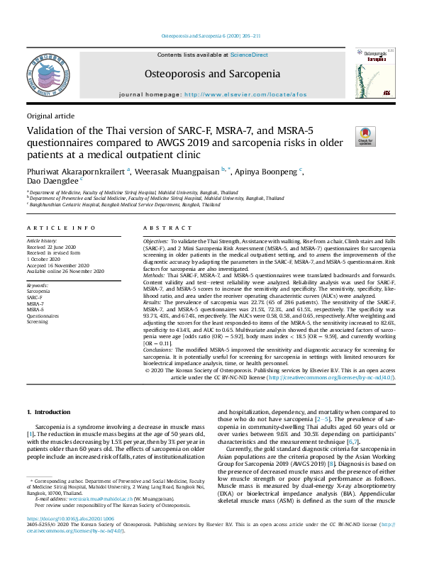 (PDF) Validation of the Thai version of SARC-F, MSRA-7, and MSRA-5 questionnaires compared to ...