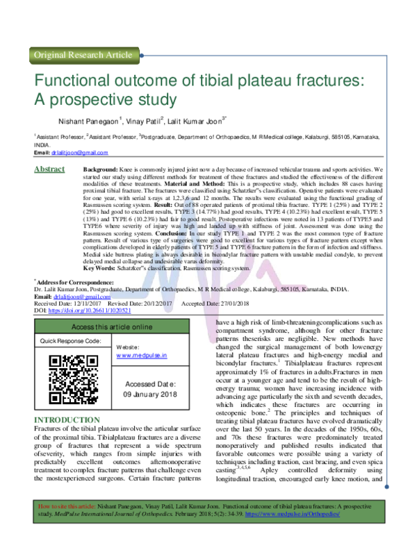 (PDF) Functional outcome of tibial plateau fractures treated with the fine-wire fixator