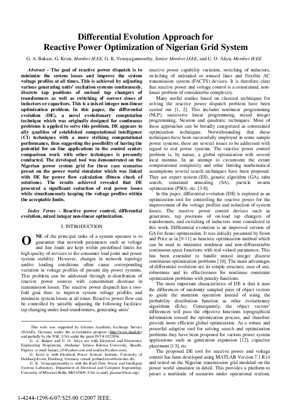 Pdf Differential Evolution Approach For Reactive Power Optimization Of Nigerian Grid System
