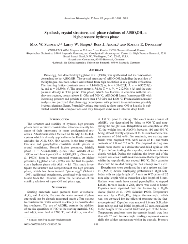(PDF) Synthesis, crystal structure, and phase relations of AlSiO3OH, a ...