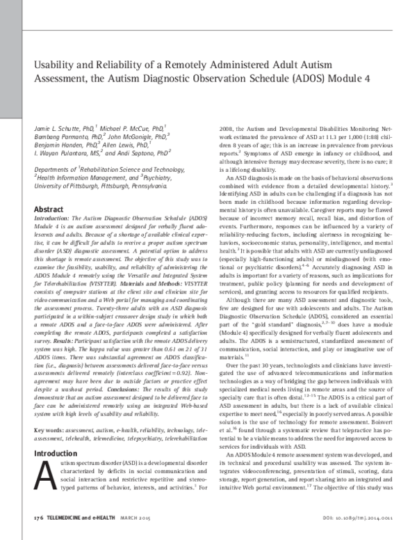 (PDF) Usability and Reliability of a Remotely Administered Adult Autism ...