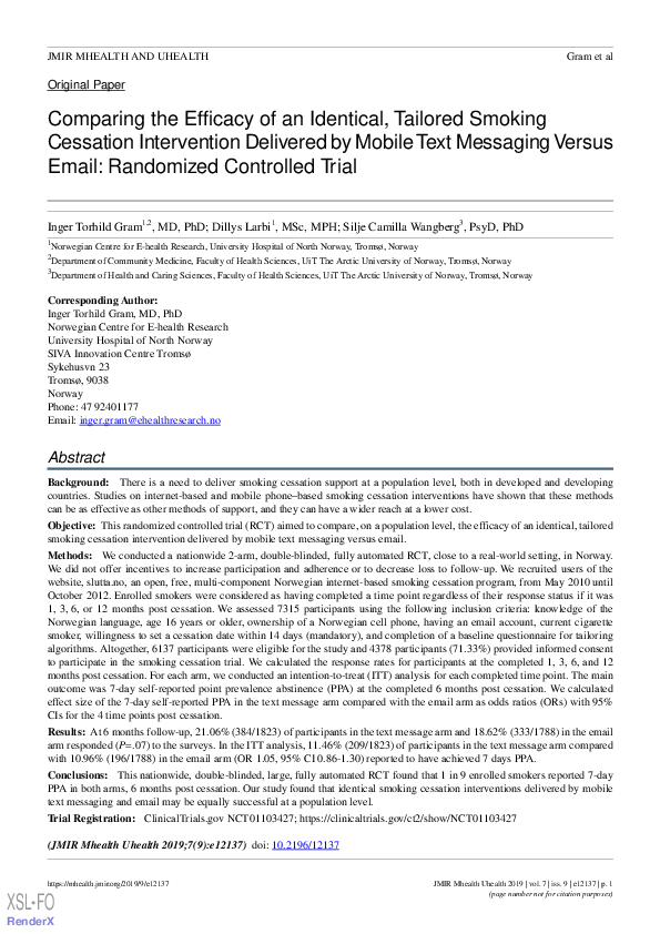 (PDF) Text messaging as an addition to an internet based smoking cessation intervention: a ...