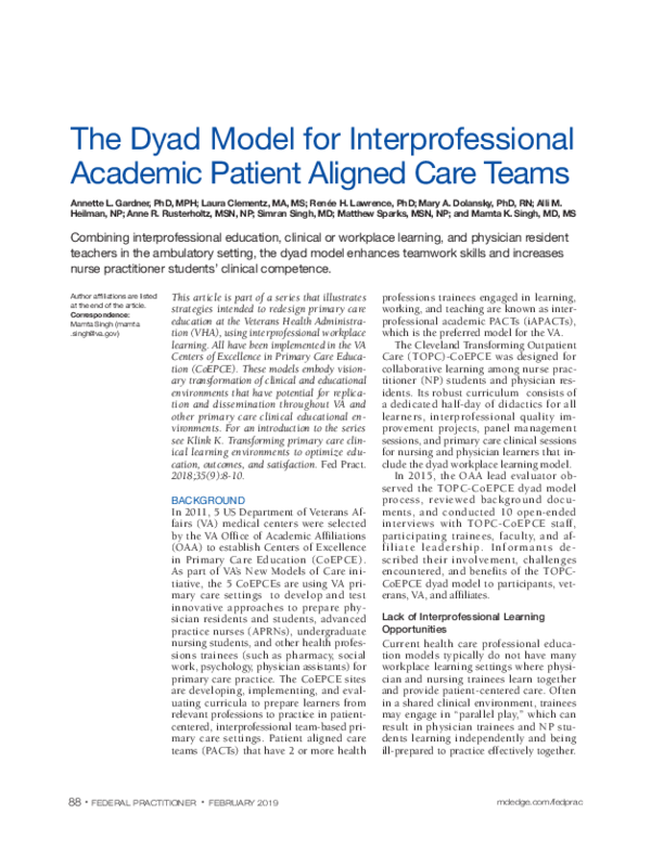 (PDF) The Dyad Model for Interprofessional Academic Patient Aligned ...
