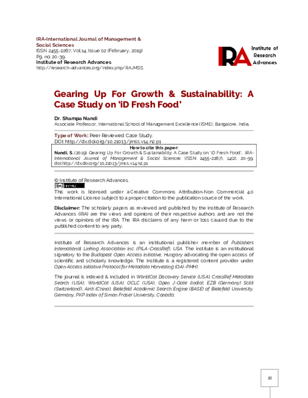 (PDF) Gearing Up For Growth & Sustainability: A Case Study on ‘iD Fresh ...
